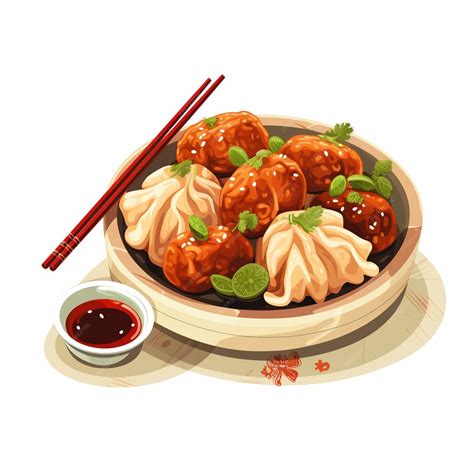 Un Plato De Comida China Con Palillos Y Una Salsa Roja Vector Premium
