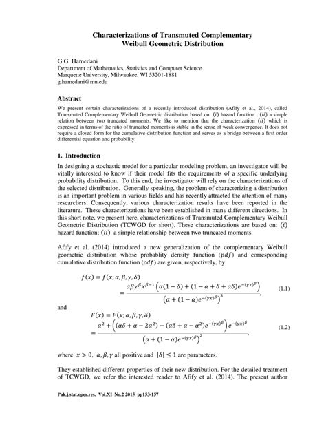 Pdf Characterizations Of Transmuted Complementary Weibull Geometric Distribution