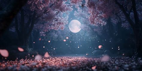Magical Cherry Blossom Forest Stunning Night Scene Background Stock