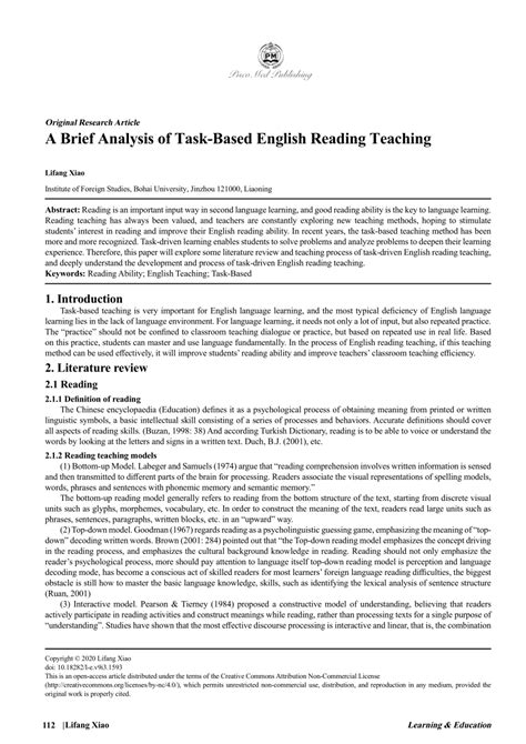 pdf a brief analysis of task based english reading teaching