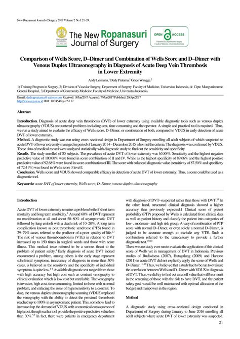 Pdf Comparison Of Wells Score D Dimer And Combination Of Wells Score And D Dimer With Venous
