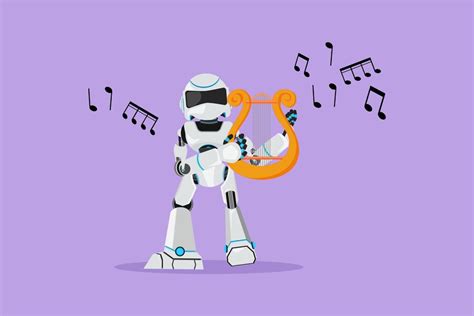 그래픽 평면 디자인 드로잉 로봇 음악가 무대에서 뮤지컬 거문고를 연주 클래식 음악 오케스트라 휴머노이드 로봇 사이버네틱 미래