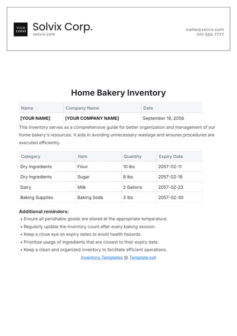 Free Home Bakery Inventory Template To Edit Online