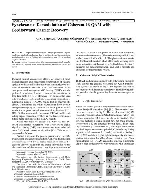 Pdf Synchronous Demodulation Of Coherent 16 Qam With Feedforward