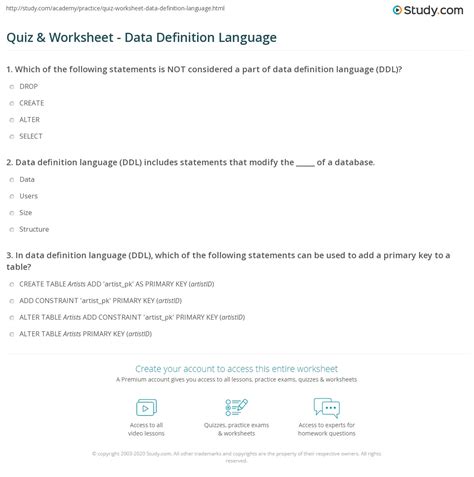 Quiz And Worksheet Data Definition Language