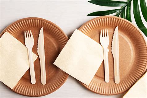 일회용 식기 나무 생분해 성 생태 접시 나무 포크 및 나이프 종이 컵 대나무 칼 붙이 0명에 대한 스톡 사진 및 기타 이미지 Istock