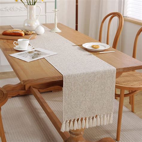 Rustic Table Runner Boho Style Handmade Tassels Beige Table Runner 72