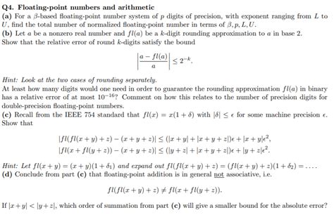 Solved Q4 Floating Point Numbers And Arithmetic A For A Chegg Com
