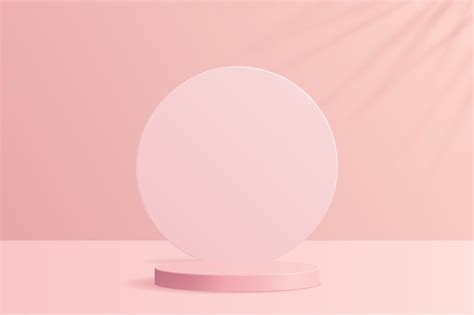 기하학적 배경과 야자수 잎의 그림자가 있는 3d 분홍색 연단 받침대 분홍색 방 배경이 있는 제품 스탠드 제품 디스플레이를 위한 벡터 모형 장면입니다 3차원 형태에 대한 스톡