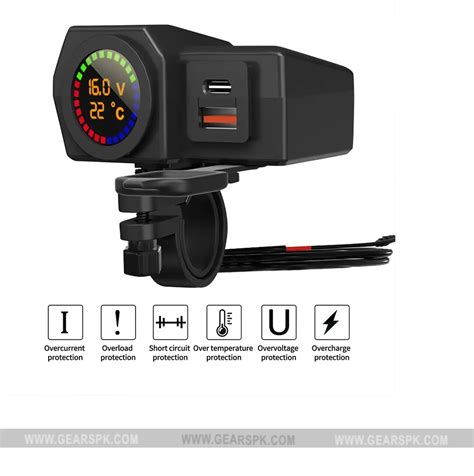 Motorcycle Dual USB Type C Charger 12 24V QC3 0 Fast Charging Voltmeter Thermometer Digital