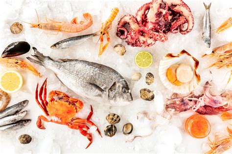 생선과 해산물 의 다양한 흰색 배경에 플랫 레이 탑 샷 신선한 생선 새우 게 오징어 홍합 조개 문어 가리비 캐비어 날것에 대한