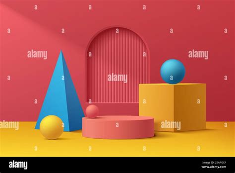 Abstract 3d Room With Realistic Blue Yellow And Red Geometric Pedestal Podium Set And Arch