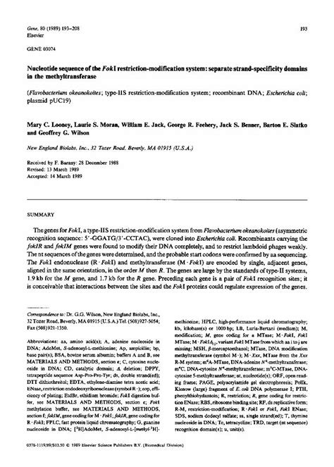 Pdf Nucleotide Sequence Of The Foki Restriction Modification System