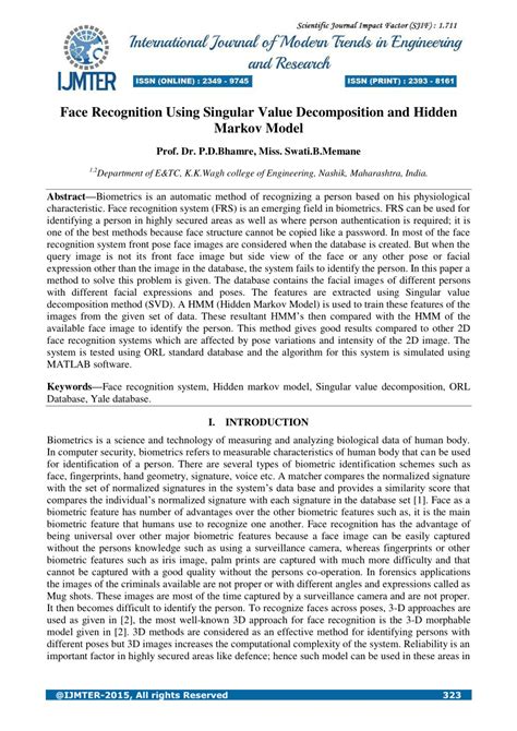 Pdf Ijmter 2015 All Rights Reserved 323 Face Recognition Using Singular Value Decomposition