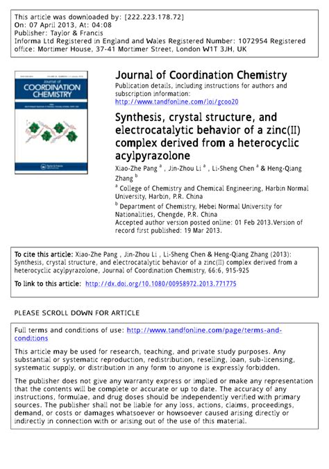Pdf Synthesis Crystal Structure And Electrocatalytic Behavior Of A Zincii Complex Derived