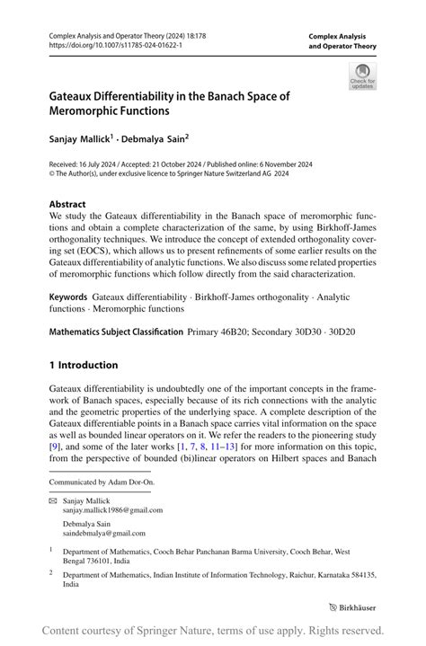 Gateaux Differentiability In The Banach Space Of Meromorphic Functions Request Pdf
