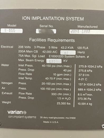 Used 1993 Varian E500 For Sale At Tara Semiconductor Technology