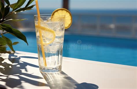 An Icy Lemon Drink With Ice On A Ledge Near A Swimming Pool I Stock