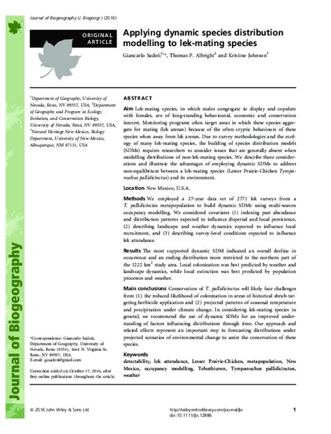 Pdf Applying Dynamic Species Distribution Modelling To Lek‐mating