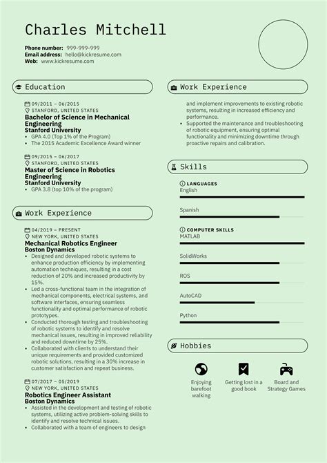 Mechanical Robotics Engineer Resume Sample Kickresume