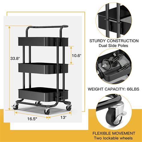 FURNINXS Tier Rolling Cart With Wheels White Metal Utility Cart With Handle Rolling Storage