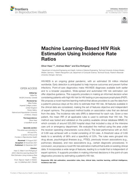 Pdf Machine Learning Based Hiv Risk Estimation Using Incidence Rate Ratios
