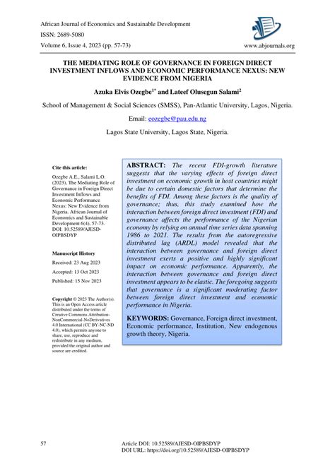 Pdf The Mediating Role Of Governance In Foreign Direct Investment Inflows And Economic