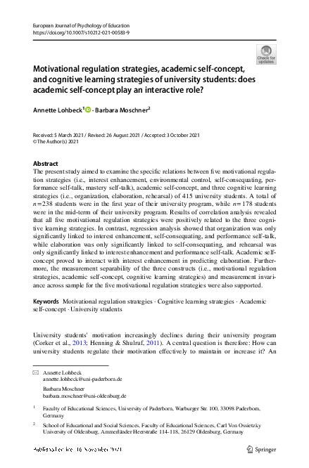 Pdf Motivational Regulation Strategies Academic Self Concept And Cognitive Learning