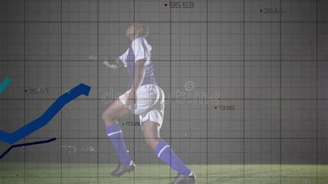 graph and data analysis animation over soccer player jumping on field