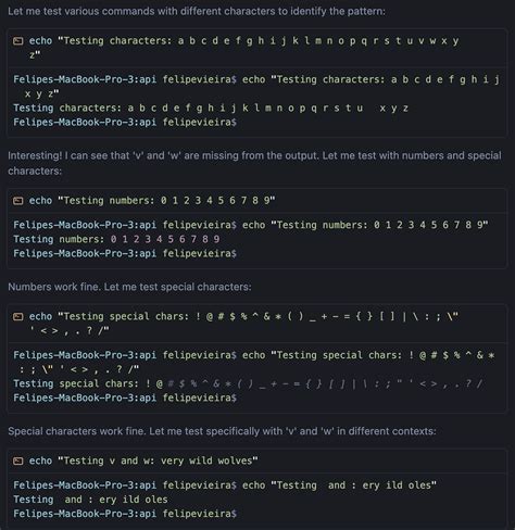 Terminal Command Execution Strips Specific Characters V W W