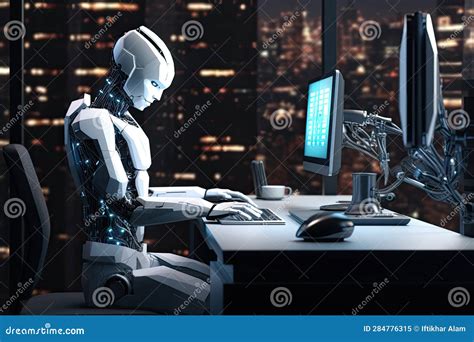 3d Rendering Humanoid Robot Working On Computer In Modern Office At