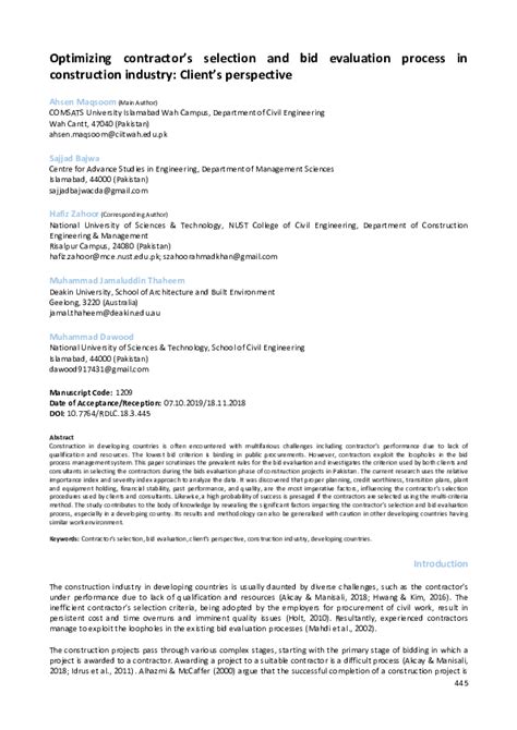 Pdf Optimizing Contractors Selection And Bid Evaluation Process In
