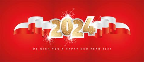 2024 새해 컨셉 디자인 템플릿 황금 반짝이 2024 전면 폴란드 흰색 빨간색 물결 모양 깃발 리본 2024 화려한 디자인 벡터 와 빛 반짝임 불꽃놀이 와 빨간 배경 절연