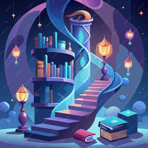 Surreal Floating Library with Spiral Bookshelves and Mystical Lights | Premium AI-generated vector