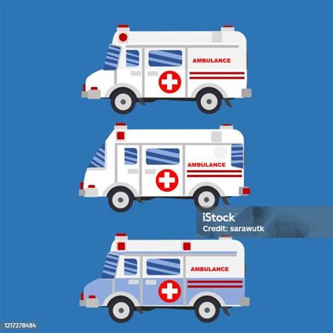 파란색 배경에 그림 구급차 자동차입니다 구급차 자동 구급 대 위 응급 구급차 차량 의료 대피 만화 구급차 교통수단에 대한 스톡