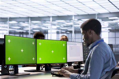 it expert working in server room on isolated screen computer repairing