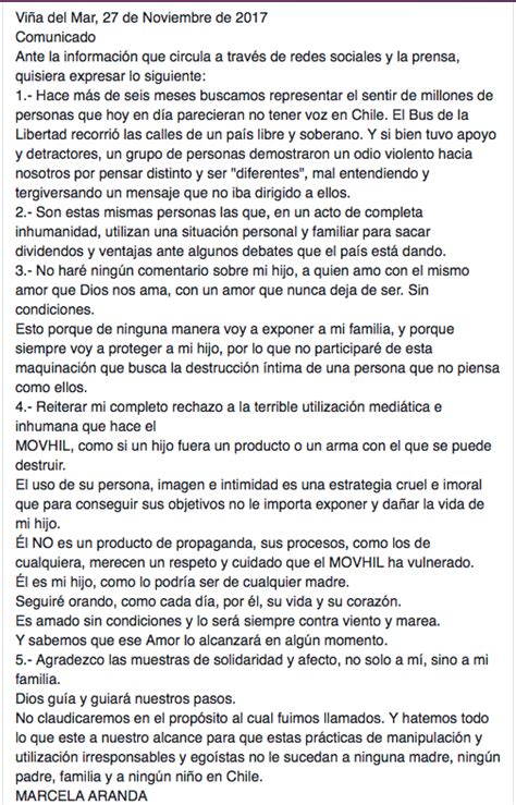 Marcela Aranda confirma mediante una carta que su hija cambiará de sexo y nombre legalmente