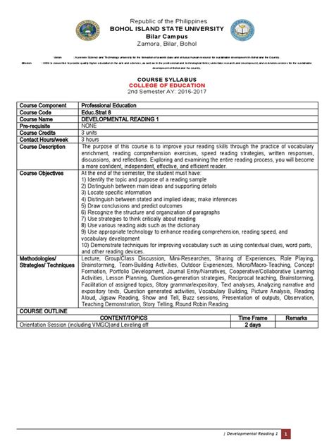 Dev Reading 1 Syllabus Pdf Reading Comprehension Human Communication