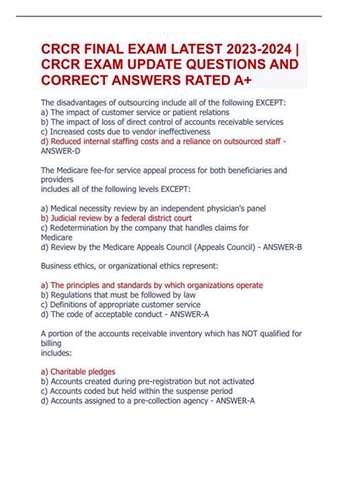 CRCR FINAL EXAM LATEST CRCR EXAM UPDATE QUESTIONS AND CORRECT ANSWERS RATED A CRCR