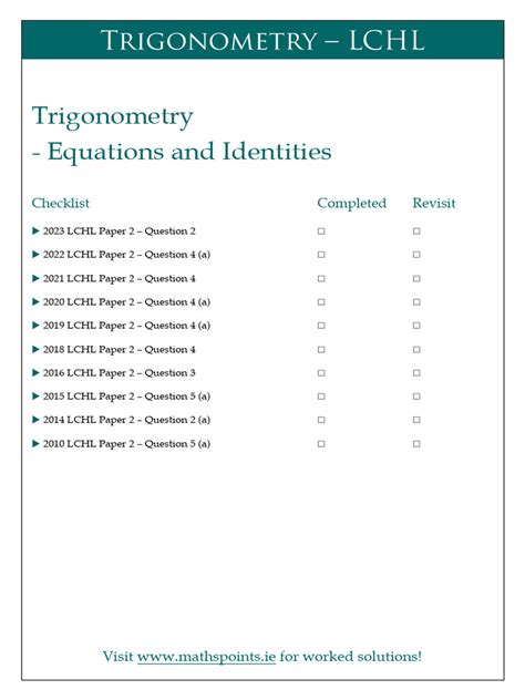 Trigonometry Equations And Identities Lchl Worksheets Pdf Complex