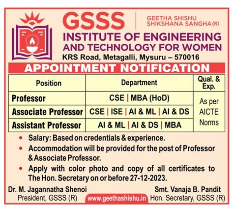 Gsss Institute Of Engineering And Technology Mysuru Wanted Professor Associate Professor