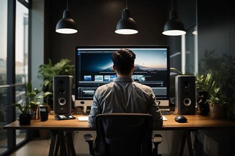 Premium AI Image Wide Angle Back View At Man Using Computer At Home Office With Modern Tech