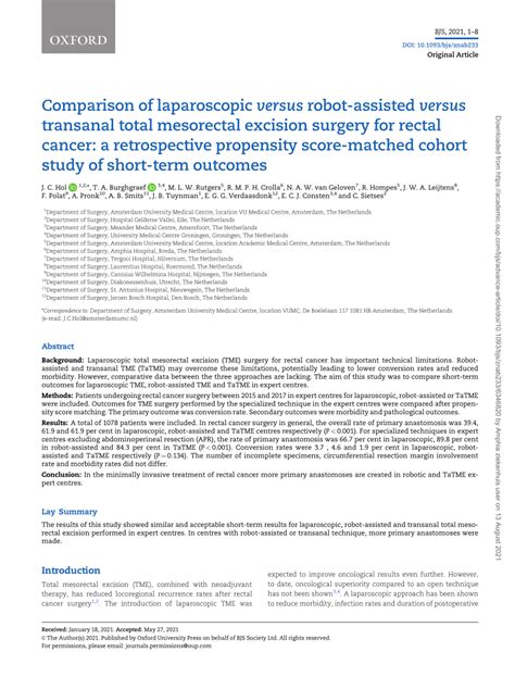 Pdf Comparison Of Laparoscopic Versus Robot Assisted Versus Transanal Total Mesorectal