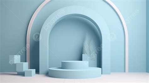 흰색 아치와 파란색 벽이 있는 3d 흰색 방 개념 복사 공간 원형 아치가 있는 제품 디스플레이를 위한 3d 미니멀리즘 파스텔