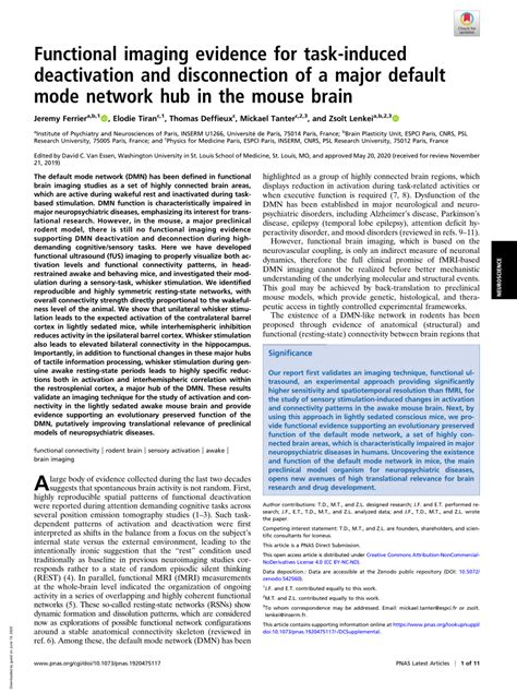 Pdf Functional Imaging Evidence For Task Induced Deactivation And Disconnection Of A Major