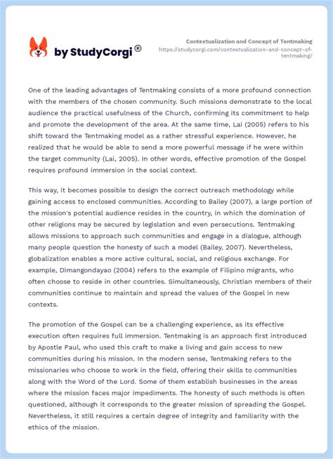 Contextualization And Concept Of Tentmaking Free Essay Example