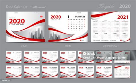 세트 데스크 캘린더 2020 템플릿 벡터 캘린더 20212022 표지 디자인 12 개월 세트 주 시작 일요일 문구 디자인 전단지 레이아웃 플래너 인쇄 미디어 빨간색 배경