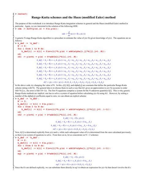 Runge Kutta Schemes And The Huen Modified Euler Method