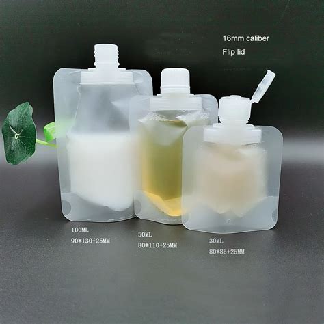 100ml 클램 쉘 포장 백 스탠드 업 스파우트 파우치 플라스틱 손 소독제 로션 샴푸 메이크업 액체 병 여행 가방 5 개