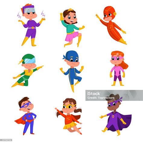 화려한 슈퍼 히어로 의상과 마스크 세트를 입고 귀여운 소년과 소녀 슈퍼 히어로 포즈 만화 스타일 벡터 일러스트에서 포즈를 취하는 사랑스러운 아이들 영웅에 대한 스톡 벡터